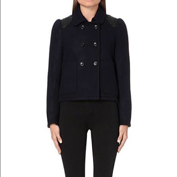 Maje | Jackets & Coats | Maje Navy Wool Ajustee Pea Coat Leather Ab ...